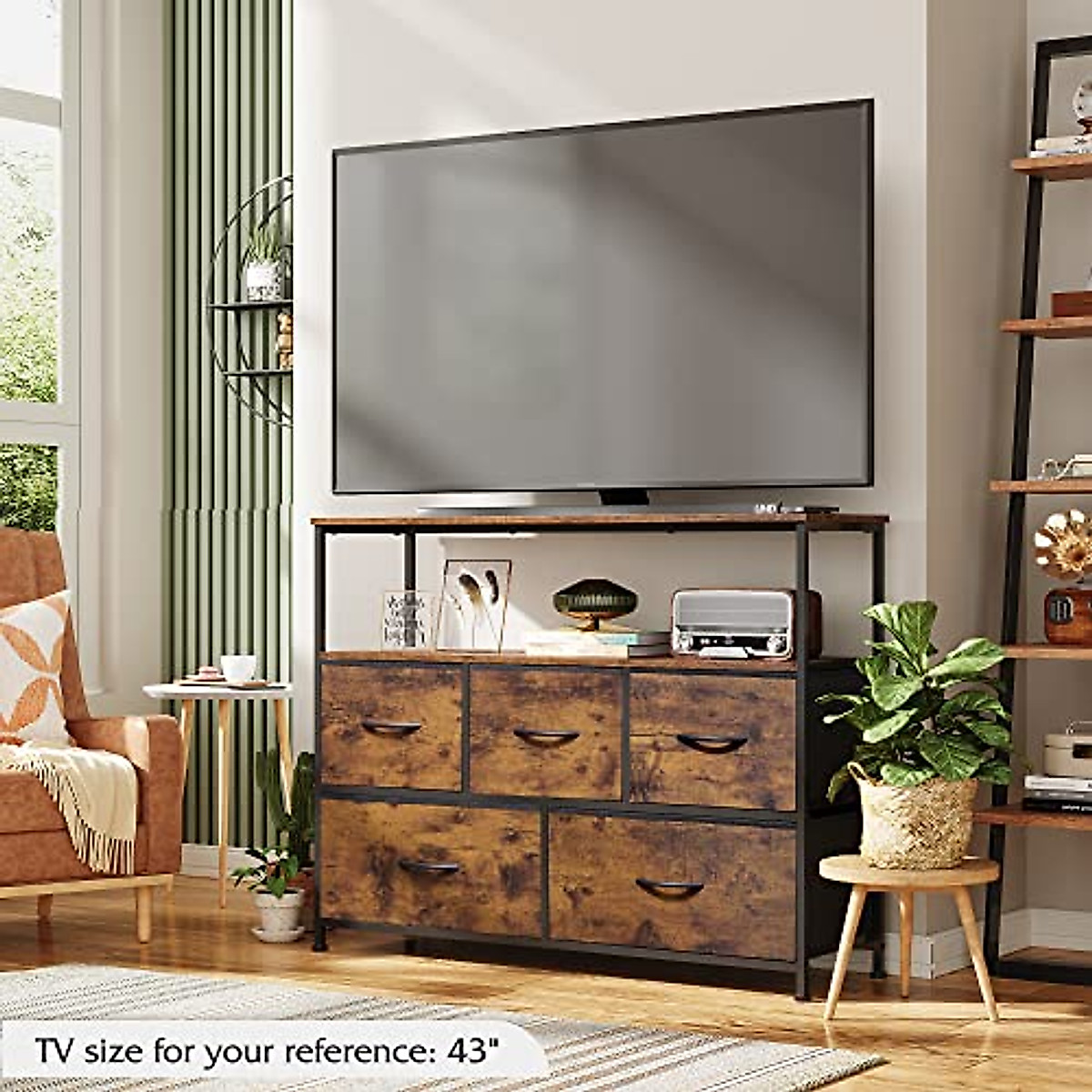 WLIVE Dresser TV Stand, Entertainment Center with Fabric Drawers, Media Console Table with Open Shelves for TV up to 45 inch, Storage Drawer Unit for Bedroom, Living Room, Entryway, Rustic Brown