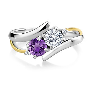Gem Stone King 925 Silver and 10K Yellow Gold White Moissanite and Purple Amethyst and White Moissanite 2-Stone Crossover Ring For Women (1.00 Cttw, Size 8)