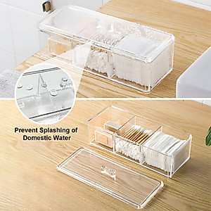 EOFJRUC Qtip Holder Cotton Ball and Swab Dispenser with Lid Clear Acrylic 3 Compartments Bathroom Canisters Cotton Pad Organizer Bathroom Vanity Countertop