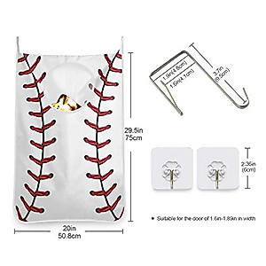 Red Stitching Baseball Door Hanging Laundry Hamper Bag Softball Laces Space Saving Wall Large Laundry Basket Storage Dirty Clothes Bags with Bottom Zippers Hooks for Bathroom Bedroom 1 Pcs