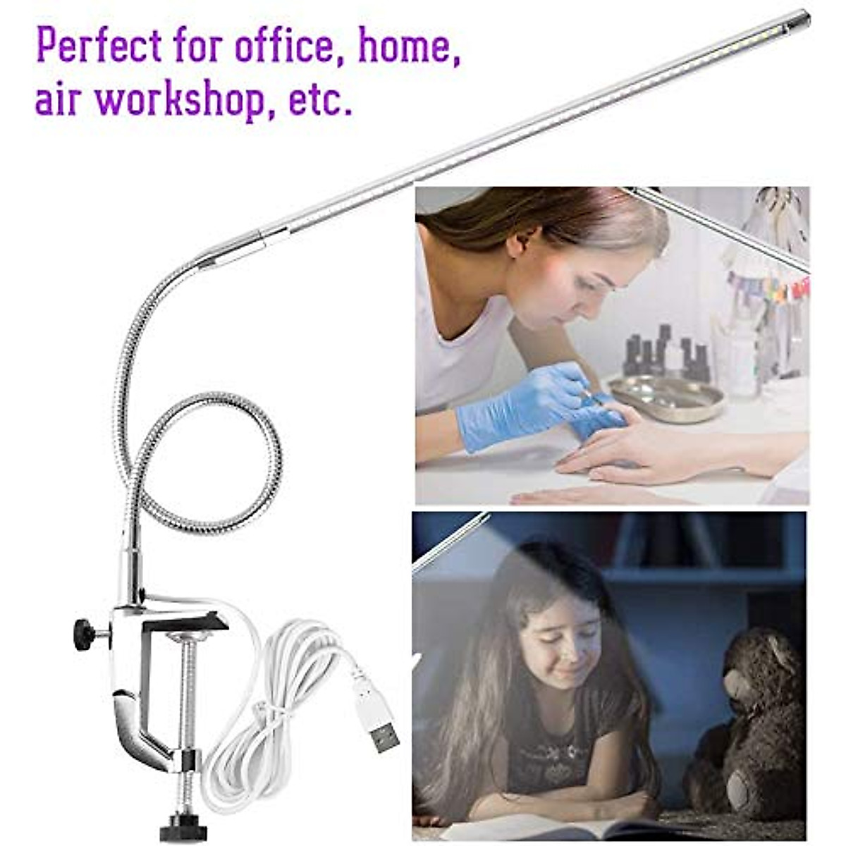 N/C Desk Lamp with Clamp, USB LED Adjustable Clip Nail Desk Light Eye Care GooseNeck 360° Swivel Clamp Light Tool for Manicure Reading Eyebrow Trimming Office Tattoo
