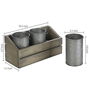 MyGift 3 Compartment Galvanized Metal Utensil Holder with Vintage Gray Solid Wood Tray, Flatware Organizer Caddy for Kitchen Counter Dining Table Display