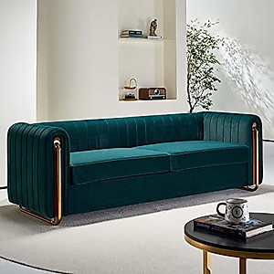 Dolonm Modern Velvet Sofa for Living Room, 84 Inches Long Upholstered Sofa Couch with High Armrest and Metal Legs Decor Furniture for Bedroom, Office (Green)