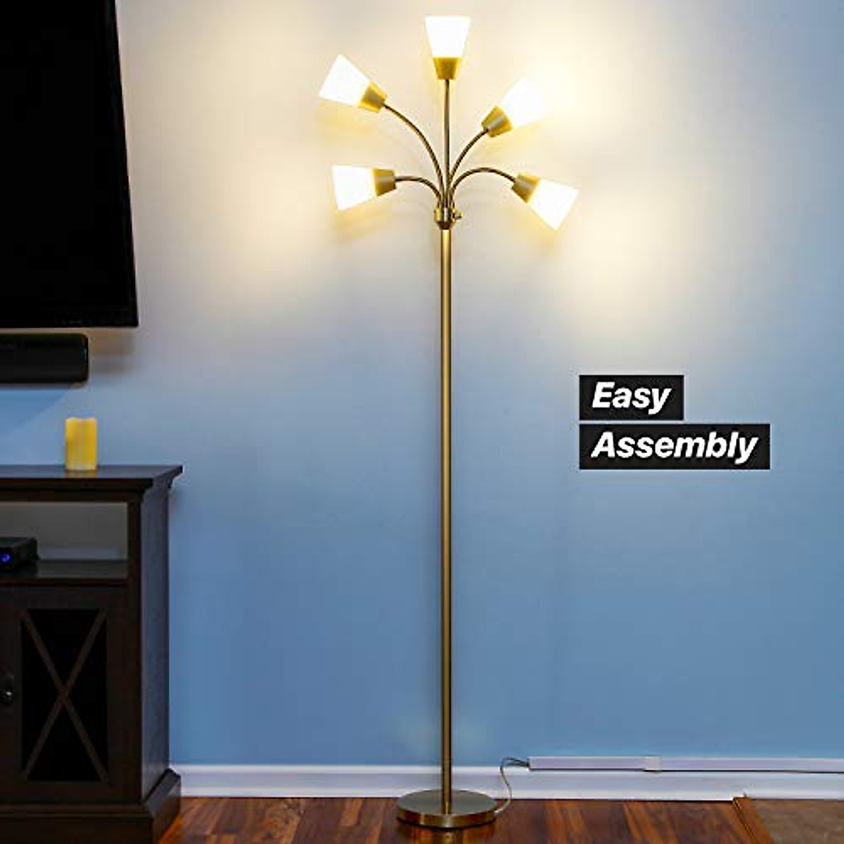 Brightech Medusa Modern LED Floor Lamp – Multi Head Dimmable Floor Lamp for Living Rooms & Offices – Tall Lamp with Interchangeable Shade, Standing Lamp with 5 LED Bulbs for Hobbies - Brass