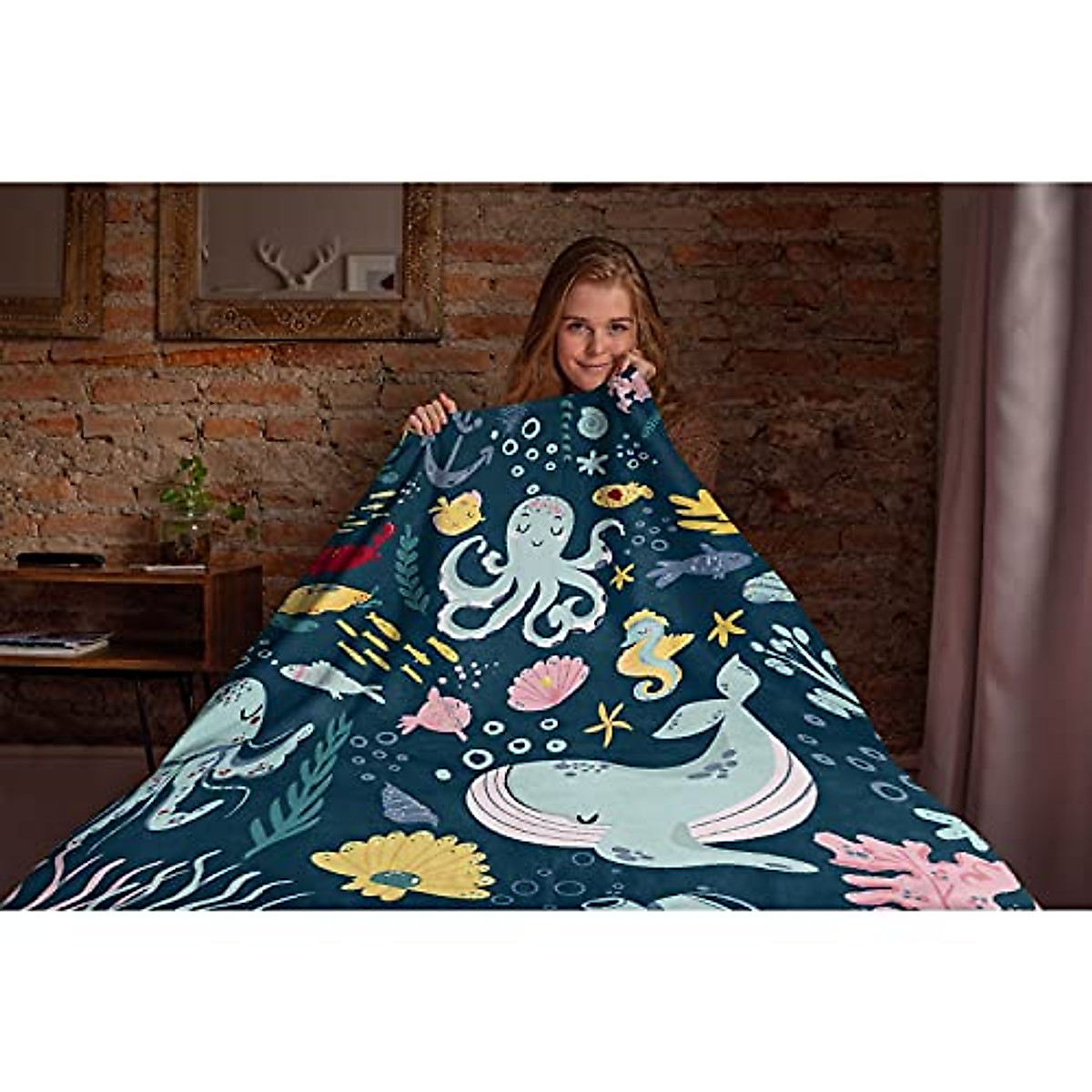 Thuswarm Cute Blue Sea Creatures Octopus Whale Flannel Blanket for Autumn Winter Gifts Warm Cozy Soft Funny Print Throw for Bed Couch Sofa 50”×40” Small for Kid