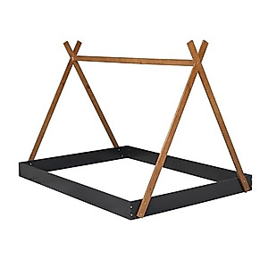 DEYOBED Full Size Tent Triangle Structure, Solid Wood Floor Bed Frame for Kids Boys Girls, No Box Spring Needed, Black+Brown