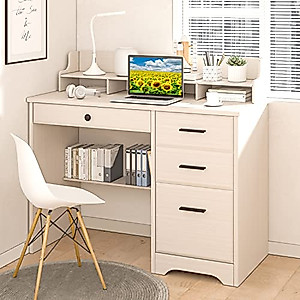 4 EVER WINNER Computer Desk with 4 Drawers and Hutch, Home Office Desk with File Drawers and Monitor Shelf, Writing Sturdy PC Laptop Notebook Desk, Spacious Desktop (White Off Desk)