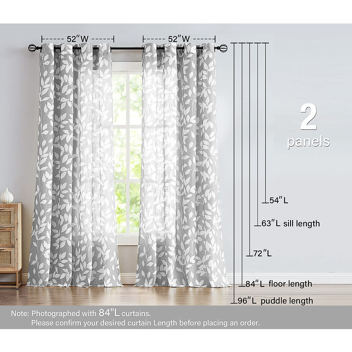 Treatmentex White and Grey Curtains for Bedroom 84" Length Semi-Sheer Print Leaf Curtains for Living Room Windows, Grommet Top, 2 Pack