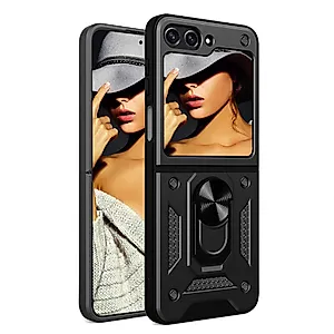 Ephoou Phone Case for Samsung Galaxy Z Flip 5 5G for Men, Heavy Duty Protective with 360° Finger Ring Stable Kickstand Case for Samsung Galaxy Z Flip5 5G SJ-Black
