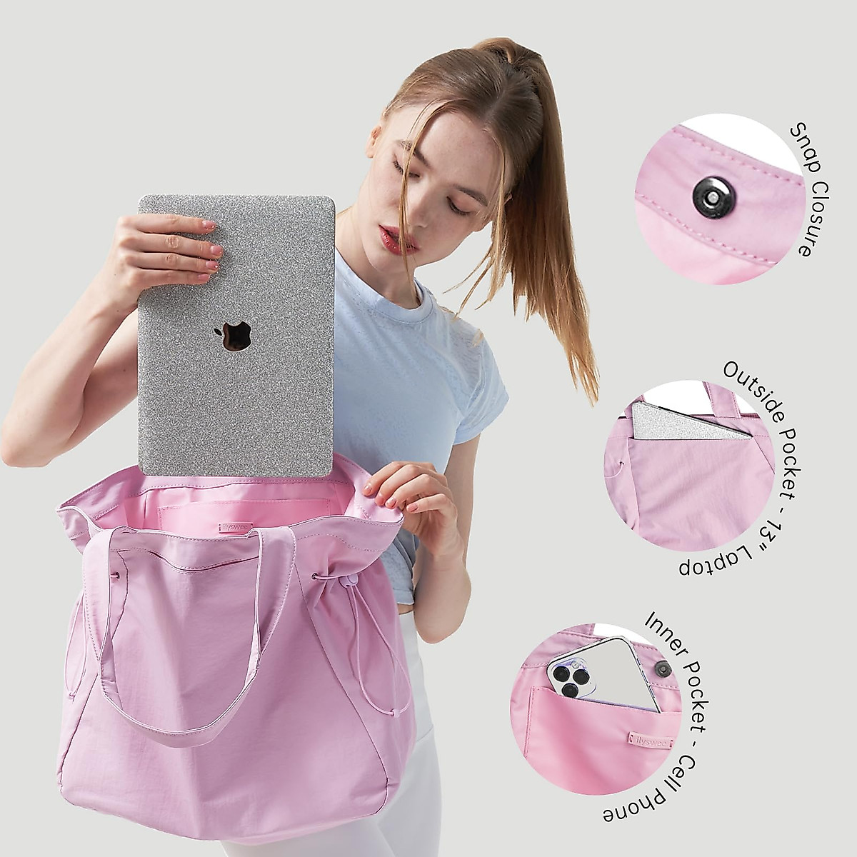 ilyswee Nylon Tote Bag for Women, Large Shoulder Bag Medium Hobo Bag, Lightweight Waterproof Gym Tote, 18L Side-Cinch Shopper Handbags for Work College Travel Casual, Purple Pink