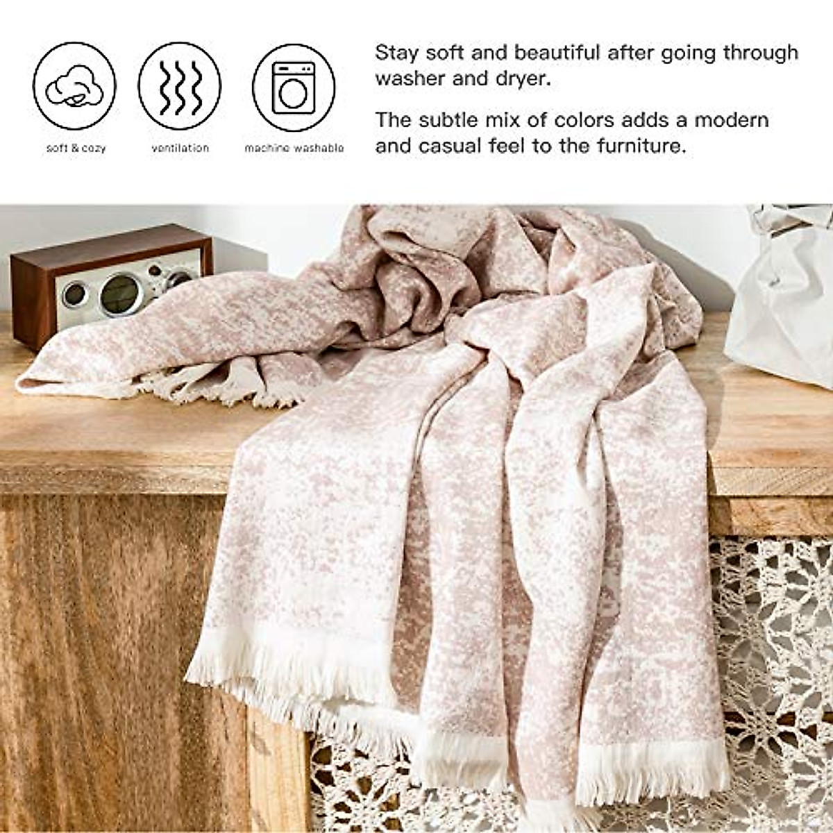 Cotton Fringed and Striped Throw Blanket for Bed, Couch,Knit Woven with Tassels Soft Lightweight Cozy Blanket Scarf Shawl Farmhouse Decoration for All-Season (Pink)