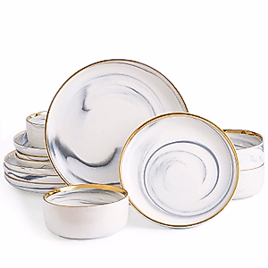 Pokini Dinnerware Sets, Marble Gold Line Plates and Bowls Sets Stoneware Dishes Set For 4, 12 Piece White Grey Marble Porcelain Round Dinner Dish Sets