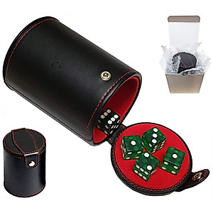 Set of Dice Cup with Storage Compartment Black PU Leather Red Felt Lined + (5) 16mm Tranparent Dice (Gift Boxed) (Green)