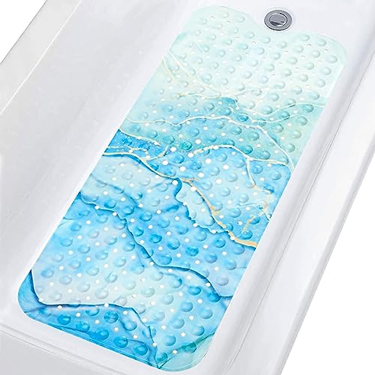 Topotdor Abstract Bathtub Mat Non Slip for Shower Tub, 40 X 16 Inch Extra Long Bath Mat for Adults & Kids, Blue Marble Shower Floor Mat with Suction Cups & Drain Holes, Machine Washable