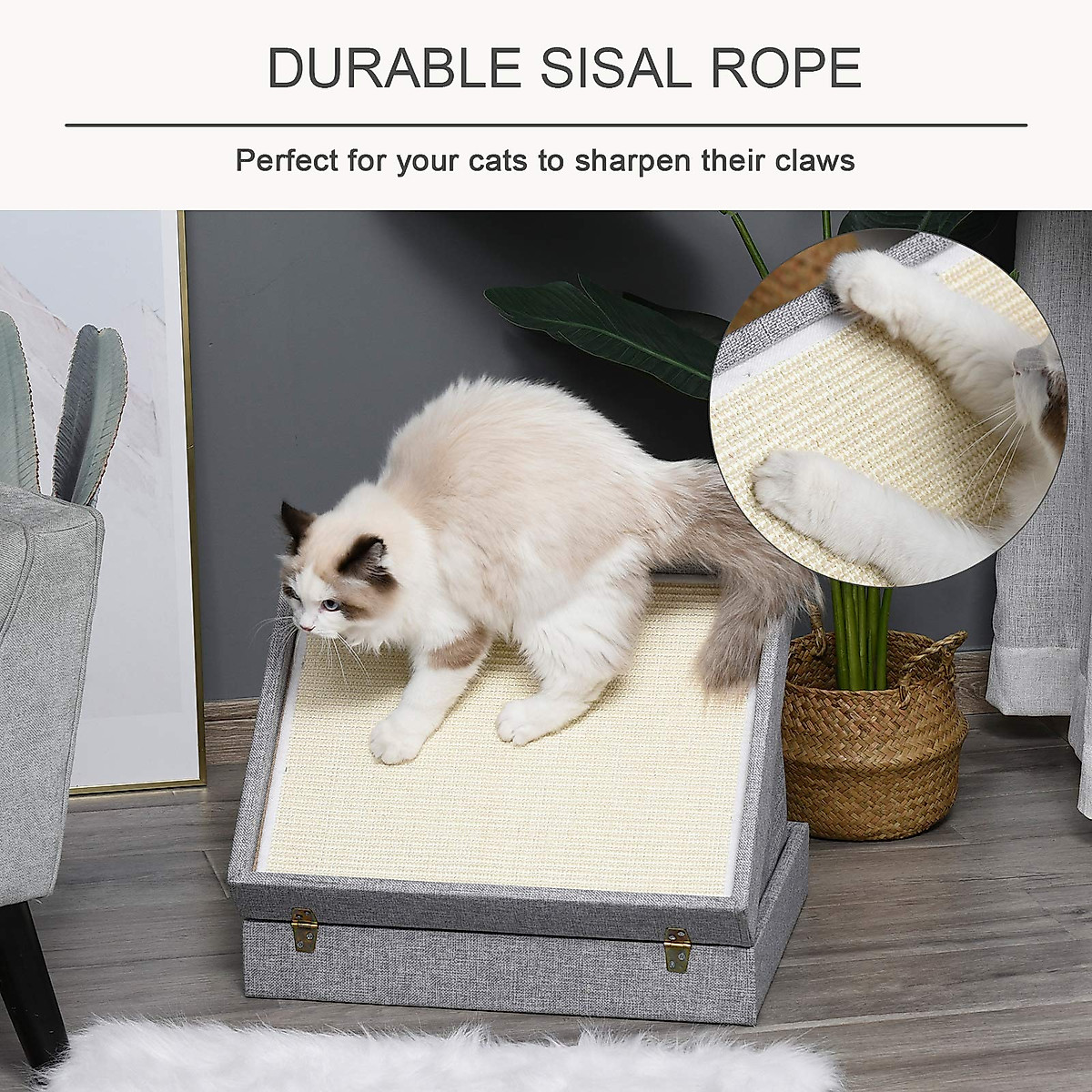 PawHut Cat House Foldable 2 in 1 Design Condo Pet Bed with Removable Washable Cushions Scratching Pad, Grey