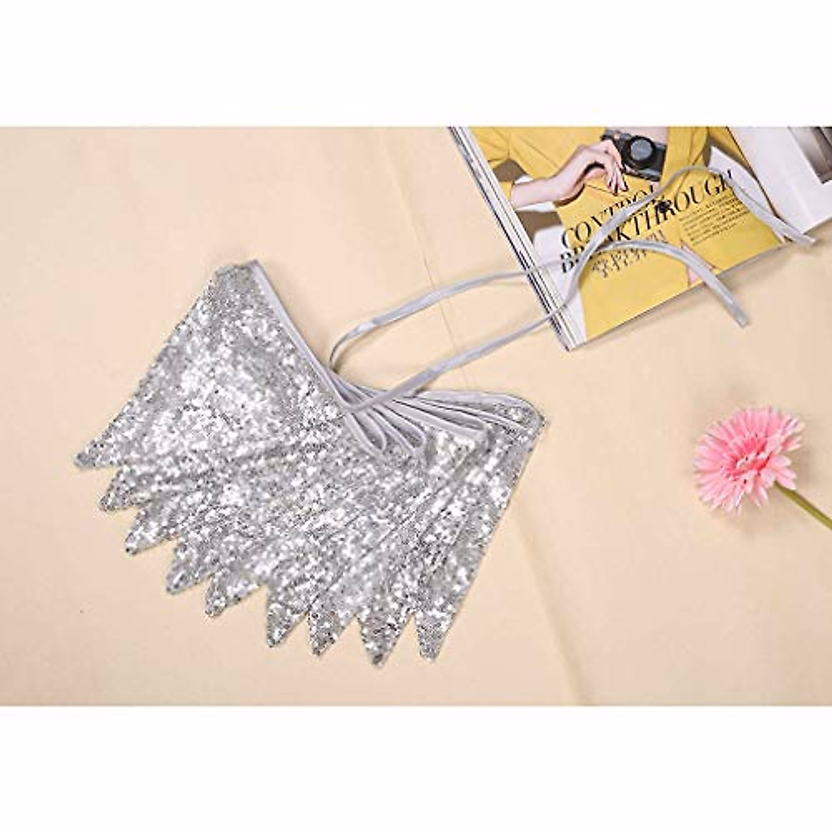 PartyDelight Silver Sequin Bunting, Multicolor Fabric Triangle Flag Bunting for Party,Wedding Sequin Bunting/Garland, Outdoor Bunting Flag(9 Flags in one Bunting)