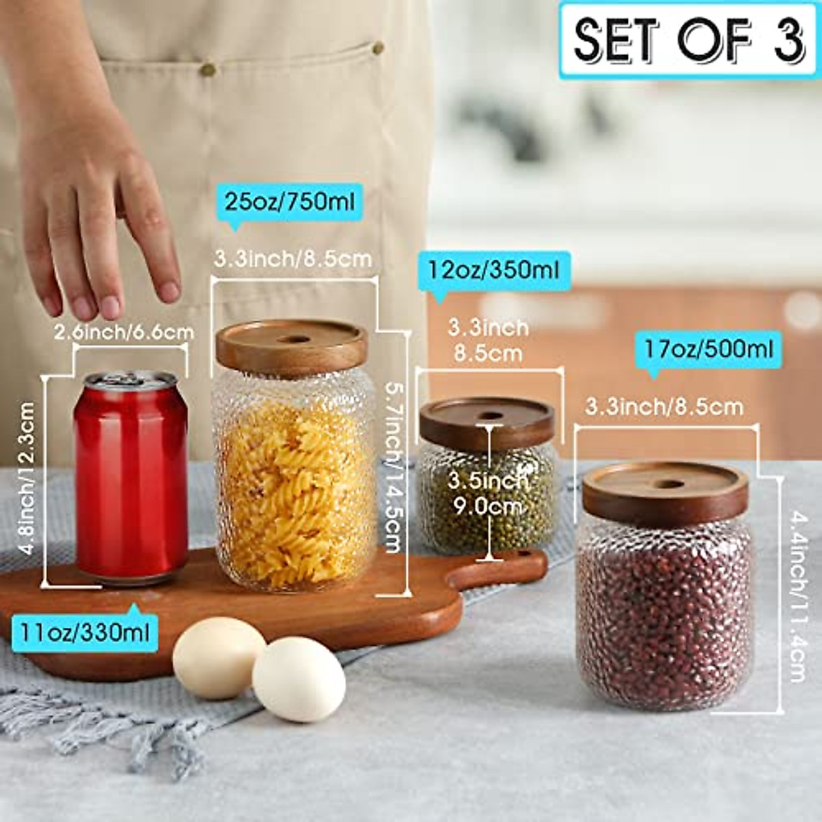 Anti-slip Storage Jar, 3 Pack , with Airtight Wood Lid Glass Kitchen Canisters 12oz, 17oz, 25oz