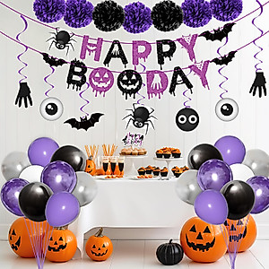 Halloween Birthday Party Decorations Balloon Banner Paper Pompom Cake Topper Hanging Swirl for Halloween Happy Boo Day Party Supplies