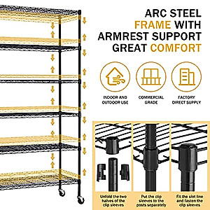 CL.Store 6-Tier Kitchen Storage Wire Shelf Steel Shelving Rack Commercial-Grade Garage Rolling Organizer with Wheels,2100 LBS(350 lbs Capacity per Shelf),Black, WS-776-Black
