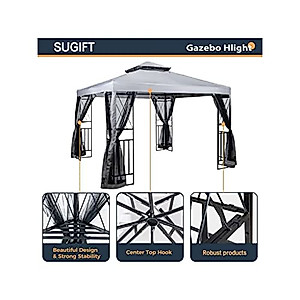 ADUH 10'X10' Gazebo Canopy, Patio Gazebo with Net and Corner Shelves, Shade Awning Shelter, Pergola Picnic Outdoor Party