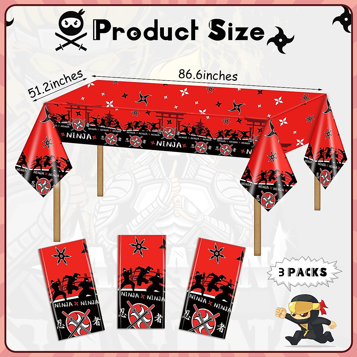 3 Pieces Ninja Tablecloths Ninja Party Decorations Disposable Ninja Warrior Table Covers Ninja Birthday Party Supplies Ninja Table Decorations for Boys Ninja Warrior Themed Birthday 51.2 x 86.6 Inches