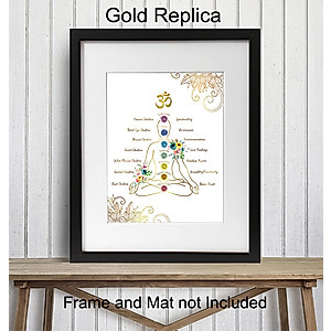 Chakras Meditation Decor - Zen Buddhism Wall Art - Spa Decor, Bedroom, Living Room, Bathroom - Yoga Namaste Poster Print - Gold White Lotus Flower Mandala - Gift for Buddhist, New Age Women