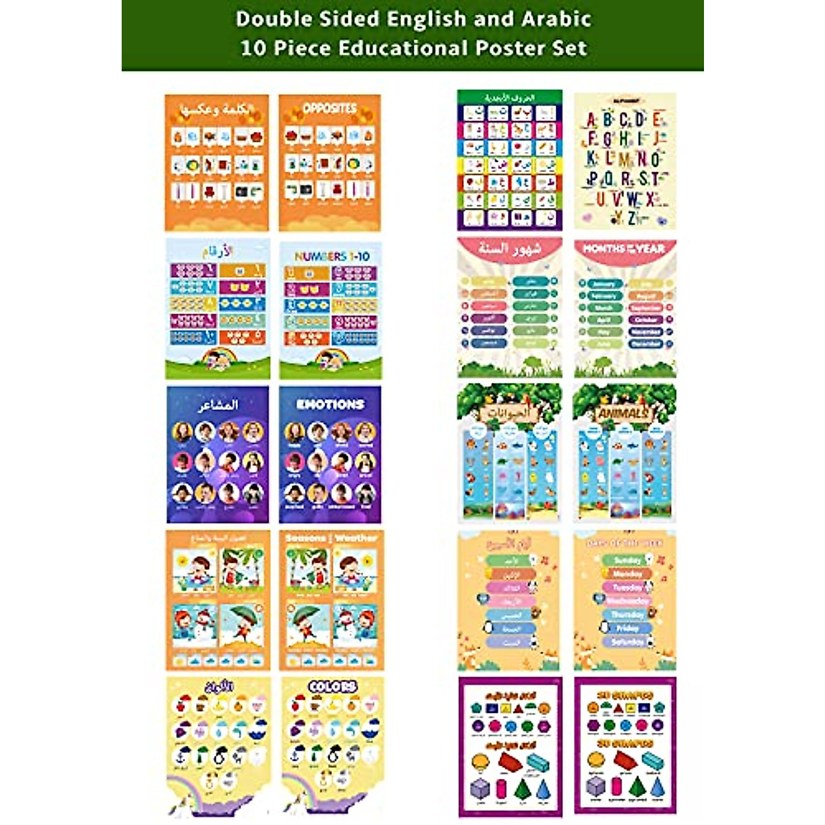 Dosmaxx 10 Large Arabic&English Educational Posters for Kids,Arabic Alphabet for Kids,Preschool, Homeschool,and Elementary Classroom Displays,Teach Numbers,Colors,Animals,Arabic Letters,Weather
