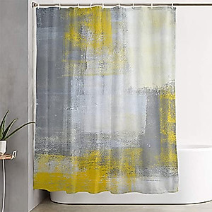 LOKMU 4 Pcs Shower Curtain Set Grey and Yellow Abstract Art Painting 01 with Non-Slip Rugs Toilet Lid Cover and Bath Mat Waterproof with 12 Hooks Bathroom Decor Set 72" x 72"