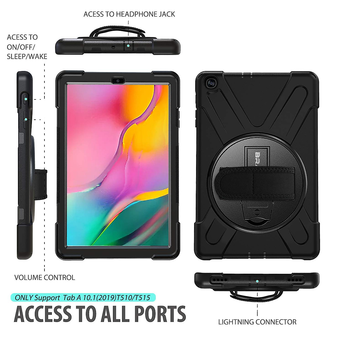 BRAECN for Galaxy Tab A 10.1 2019 Case, Heavy Duty Shockproof Rugged Case with 360 Degree Rotating Hand Strap/Stand and Shoulder Strap for Samsung Tab A 10.1 SM-T510/T515 2019 (Black)