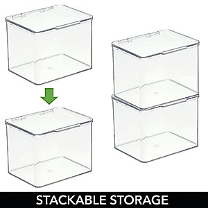 mDesign Small Plastic Home Office Storage Organizer Box Containers w/Hinged Lid for Desktops - Holds Pens, Pencils, Sticky Notes, Highlighters, Staples, Supplies - Lumiere Collection - 4 Pack - Clear