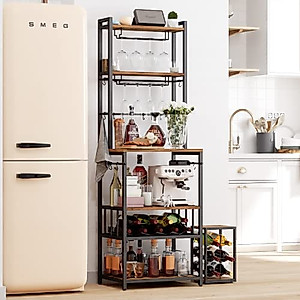 Amosic Wine Baker Rack, Industrial Wine Bar Cabinet, 6-Tier Wine Storage Display Shelves, Floor Liquor Wine Cabinet Storage with Rustic Wood Countertop Wine Rack 6 Bottles, for Bar (Rustic Brown)