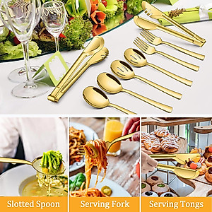LIANYU Gold Serving Utensils Set of 8, Stainless Steel Serving Spoons, Slotted Spoons, Serving Forks, Metal Tongs for Kitchen Buffet Party Banquet Entertaining, Mirror Finished, Dishwasher Safe