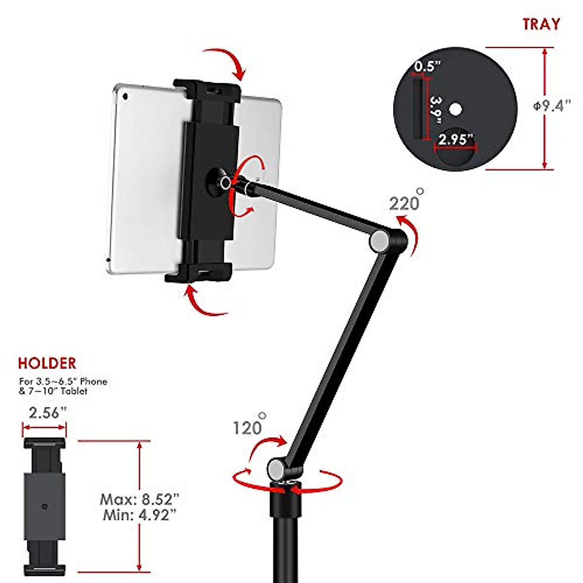 MagicHold Adjustable Metal Tablet Phone Stand Mount Holder Compatible with Ipad Pro, Ipad Air.ipad Mini,iPhone,Great for Office/Bed/Zoom/Netflix (Built in Cup/Phone Tray) (Black)