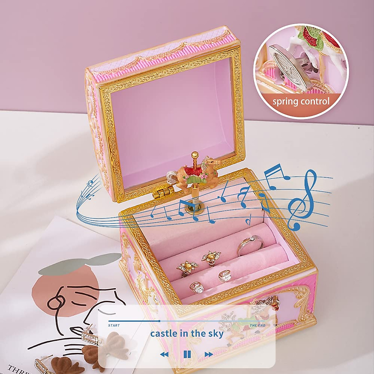 LOVE FOR YOU Gift Wrapped Music box Musical Carousel Horse Jewelry Box for Girls and Women Baby Kids Sister Niece Daughter Mom Granddaughter Grandma Birthday Presents Christmas Gifts