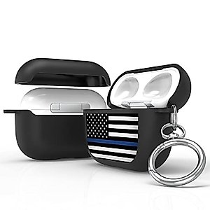 Hybrid Silicone Protective Case Compatible with AirPods 3, AirPods 3rd Generation 2021 with Keychain Slim Two Piece Snaps On Case Black Thin Blue Line Flag