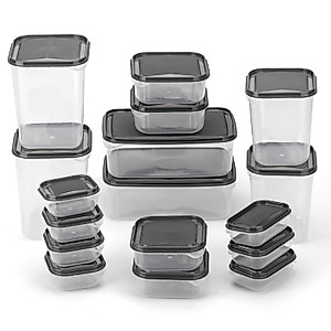 34Pcs Food Storage Containers with Lids (17 Containers and 17 Lids), Salad Dressing Condiment Leftover Lunch Box, Reusable Plastic Freezer Containers Microwave Dishwasher Safe (7 Assorted Size, Grey)