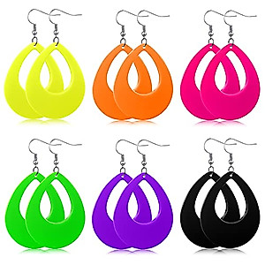 Yinkin 6 Pairs 80s 90s Neon Earrings for Women Retro Neon Earring for 80s 90s Women Outfit Accessories, 6 Colors(Teardrop)