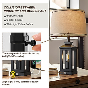 G-SAFAVA 23.75" Retro Farmhouse Black Table Lamp for Living Room Bedroom Nightstand Set of 2 Touch Control Bedside Nightlight Vintage Modern Lamp with USB C+A Ports and 2 Light Sources