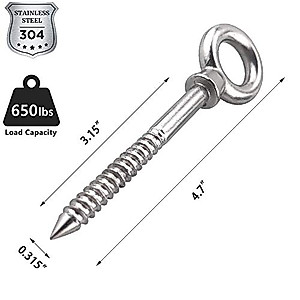 5 Pack 304 Stainless Steel Eye Screws Durable Eye Hooks Screw in Heavy Duty Perfect for Hammock Stand, Yoga, Swing Chair (Load Capacity 650lbs)