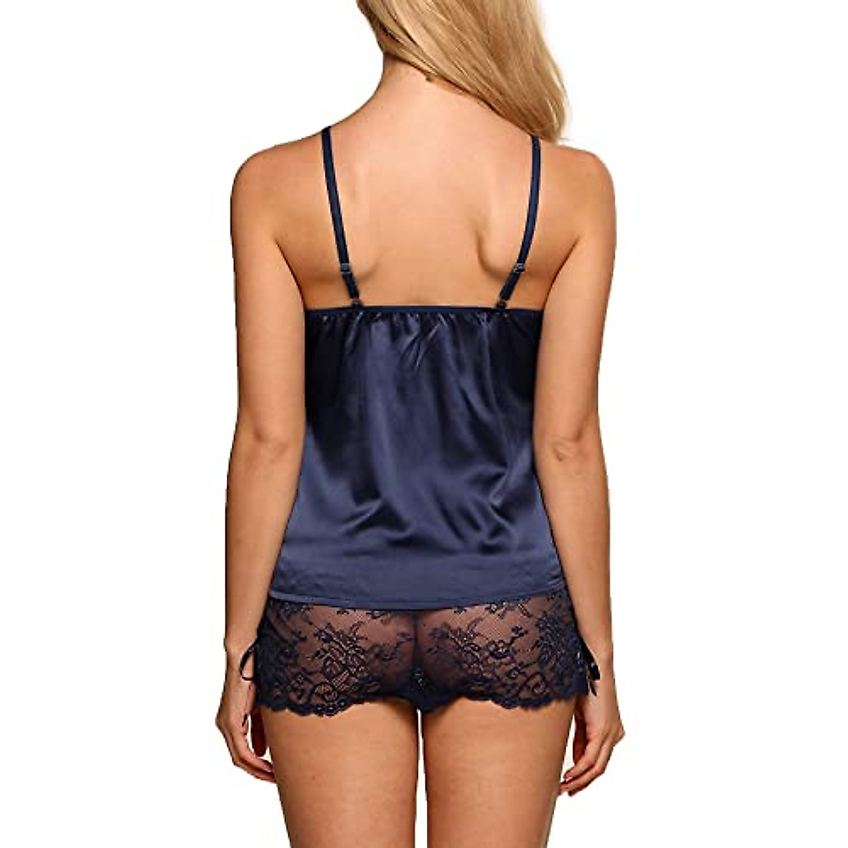 Avidlove Women's Satin Pajama Cami Set Silky Lace Nightwear 2 Piece Lingerie Shorts Sleepwear (Navy Blue, M)
