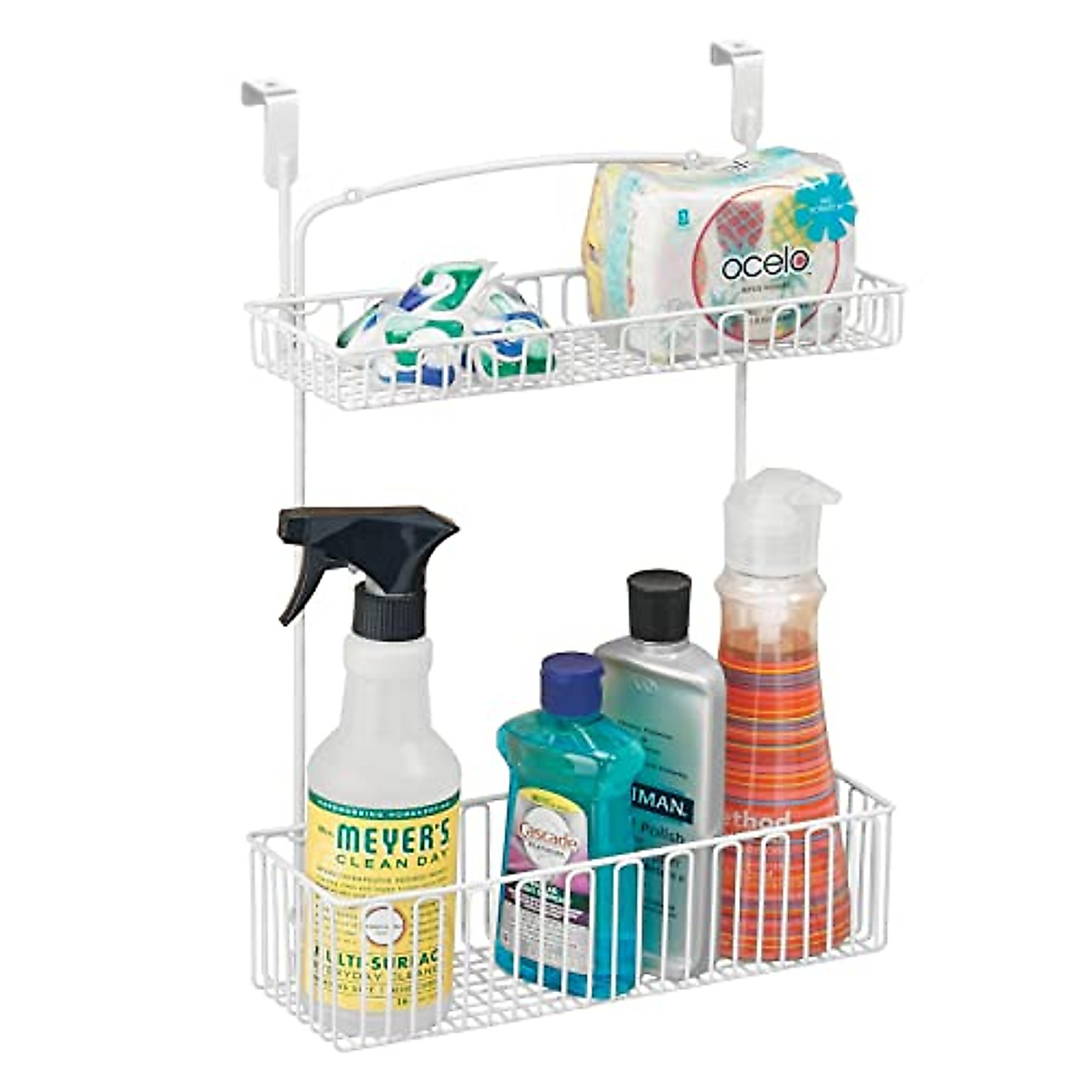 mDesign Steel Over Cabinet Kitchen Storage Organizer Holder or Basket - Hang Over Cabinet Doors in Kitchen, Pantry, Bathroom - Holds Dish Soap, Window Cleaner - Concerto Collection - Matte White