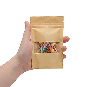 100pcs 3.5 x 5.5 inch Kraft Paper Treat Bags with Window Ziplock Stand Up Pouches for Food Storage Cookies Snacks Tea Packing