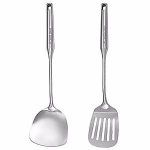 FONGLUAN Stainless-Steel Turner Spatula Set, Set of 2, Slotted Turner, Wok Spatula, Heavy Duty Metal Kitchen Utensils for Cooking