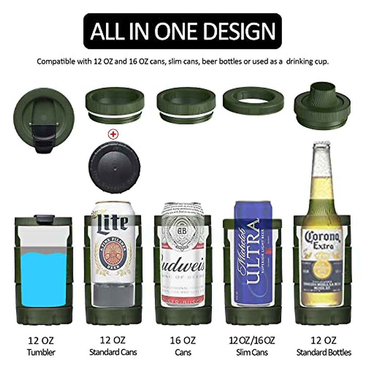 Ourokhome 5 in 1 Insulated Can Cooler, Freezer Can Coozie for 12 oz & 16 oz Cans and Bottles for Beer, Skinny Selzers, Soda and Coffee, 100% Leak Proof Tumbler with Lid, Christmas Gift, Green