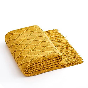 Counfeisly Acrylic Knitted Throw Blanket, Lightweight and Soft Cozy Decorative Woven Blanket with Tassels for Couch, Bed, Sofa, Travel, Suitable for All Seasons, 50 x 60 Inches, Mustard Yellow