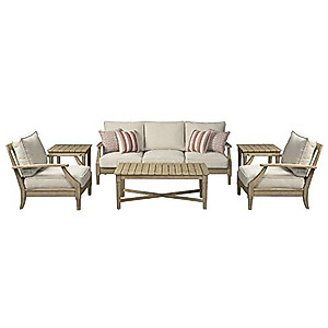 Signature Design by Ashley Clare View Coastal Outdoor Patio Eucalyptus Sofa with Cushions, Beige & Clare View Outdoor Eucalyptus Wood Single Cushioned Lounge Chair, Beige