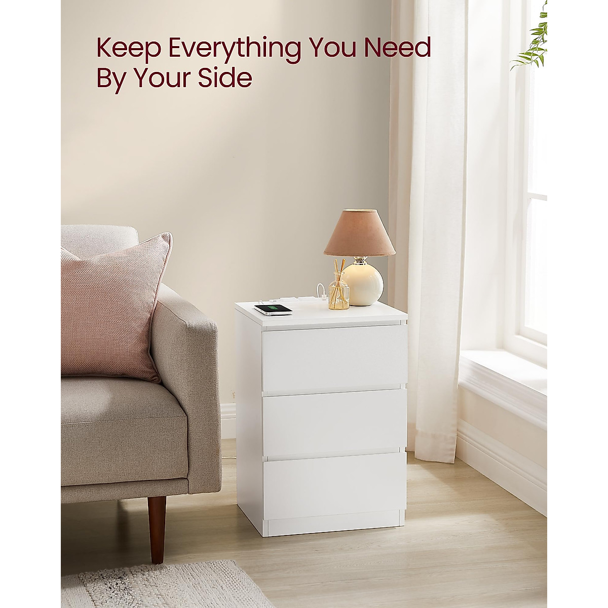 VASAGLE Nightstand with Charging Station, 2 AC Outlets and 2 USB Ports, Bedside Table, Side Table with 3 Drawers, Modern Style, 13.8 x 15.7 x 23.2 Inches, Cloud White ULET631W16