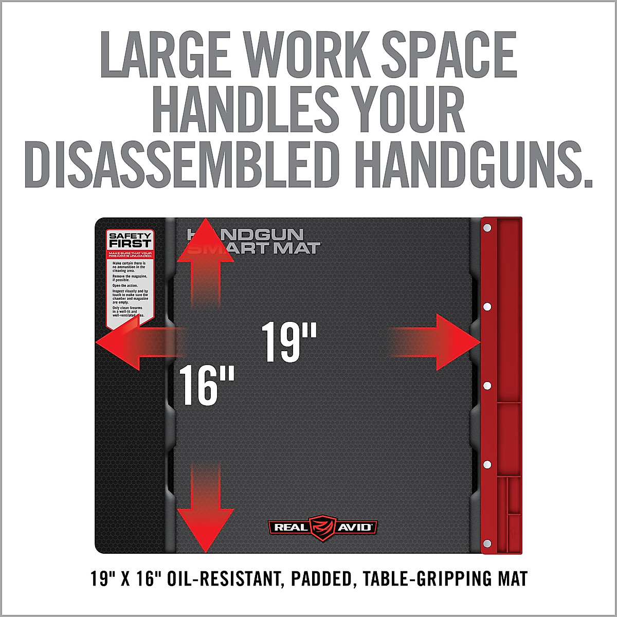Real Avid Gun Cleaning Mat for Handguns with Magnetic Organizer Parts Tray; Protective Workbench Mat for Pistol Cleaning, Handgun Cleaning Pad with Red Tray for Gun Accessories and Gun Parts