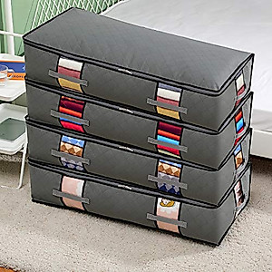Extra-Large Under Bed Storage Bags [4 Pack]Thickened 3 Ply Fabric Under The Bed Storage Containers with Sturdy Handles Strong Zippers Breathable Organizer For Bedrooms,With Clear Window (4, gray)