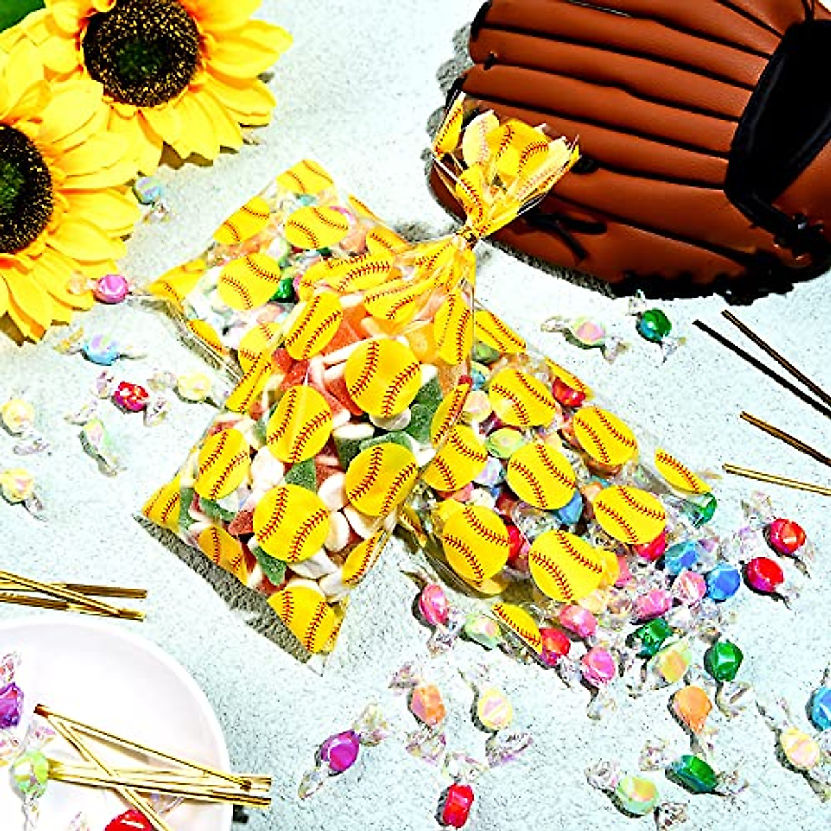 Outus 100 Pieces Softball Party Cello Bags Cellophane Softball Treat Bags Softball Goody Gift Treat Bags with 200 Gold Twist Ties for Birthday Favors Party Supply Bags Goody Favor Bags (Transparent)